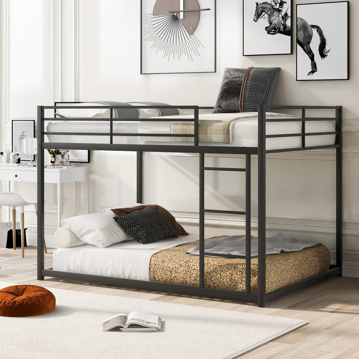 Full over Full Low Metal Bunk Bed with Ladder and Guardrail Black Urban Living Furniture Los Angeles CA