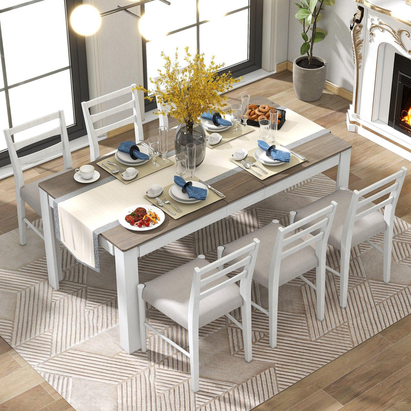 7 Piece Wooden Dining Table Set Mutifunctional Extendable Table with 12 Leaf and 2 Drawers 6 Dining Chairs with Soft Cushion Brown White Urban Living Furniture Los Angeles CA