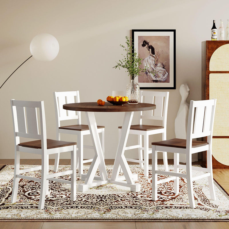 Rustic Farmhouse 5 Piece Counter Height Dining Table Set Round Kitchen set with 4 Dining Chairs and Thick Tabletop Brown