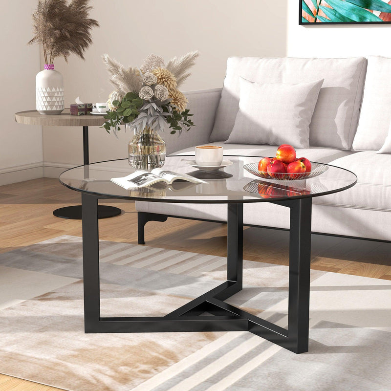 Round Glass Coffee TableModern Cocktail Table Easy Assembly with Tempered Glass Top Sturdy Wood Base Black Urban Living Furniture Los Angeles CA
